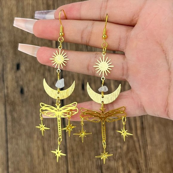 Jewelry | Whimsical Dragonfly Dangle Chandelier Earrings With Celestial Stars Witchy | Poshmark